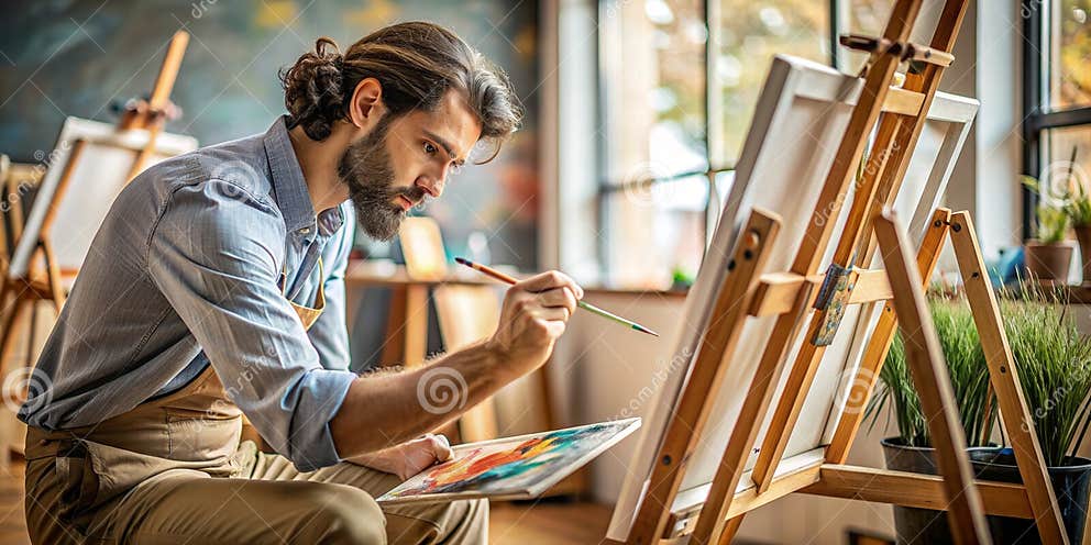 An Artist in Deep Concentration while Painting Representing Creativity ...