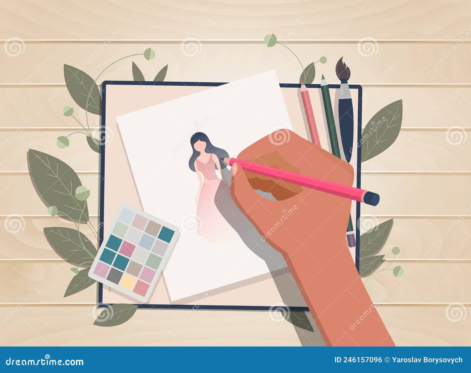 Artist Draws with a Pencil on Paper Top View. Vector Stock Vector ...
