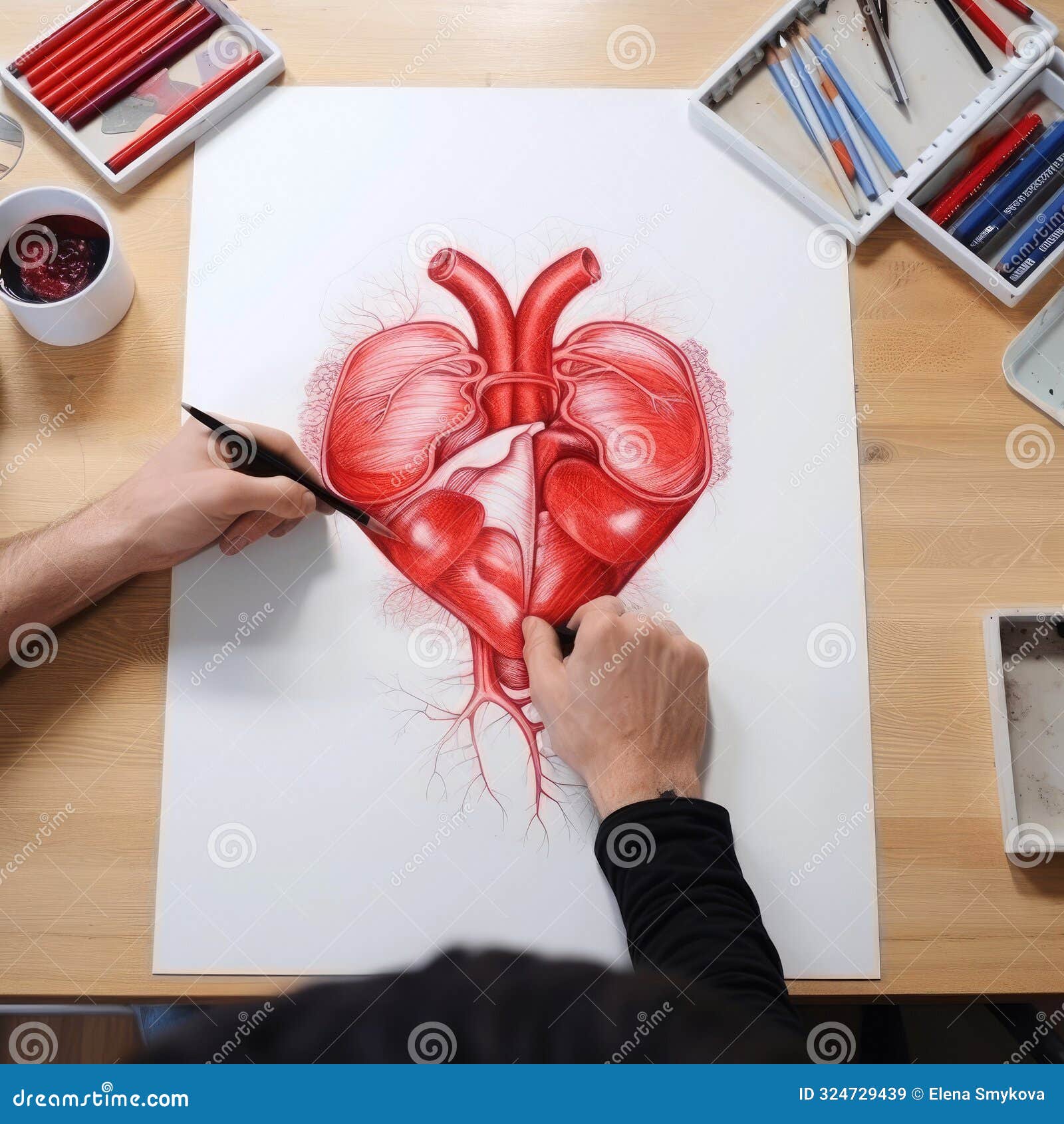 The Artist Draws a Stylized Anatomical Heart. Top View Stock Image ...