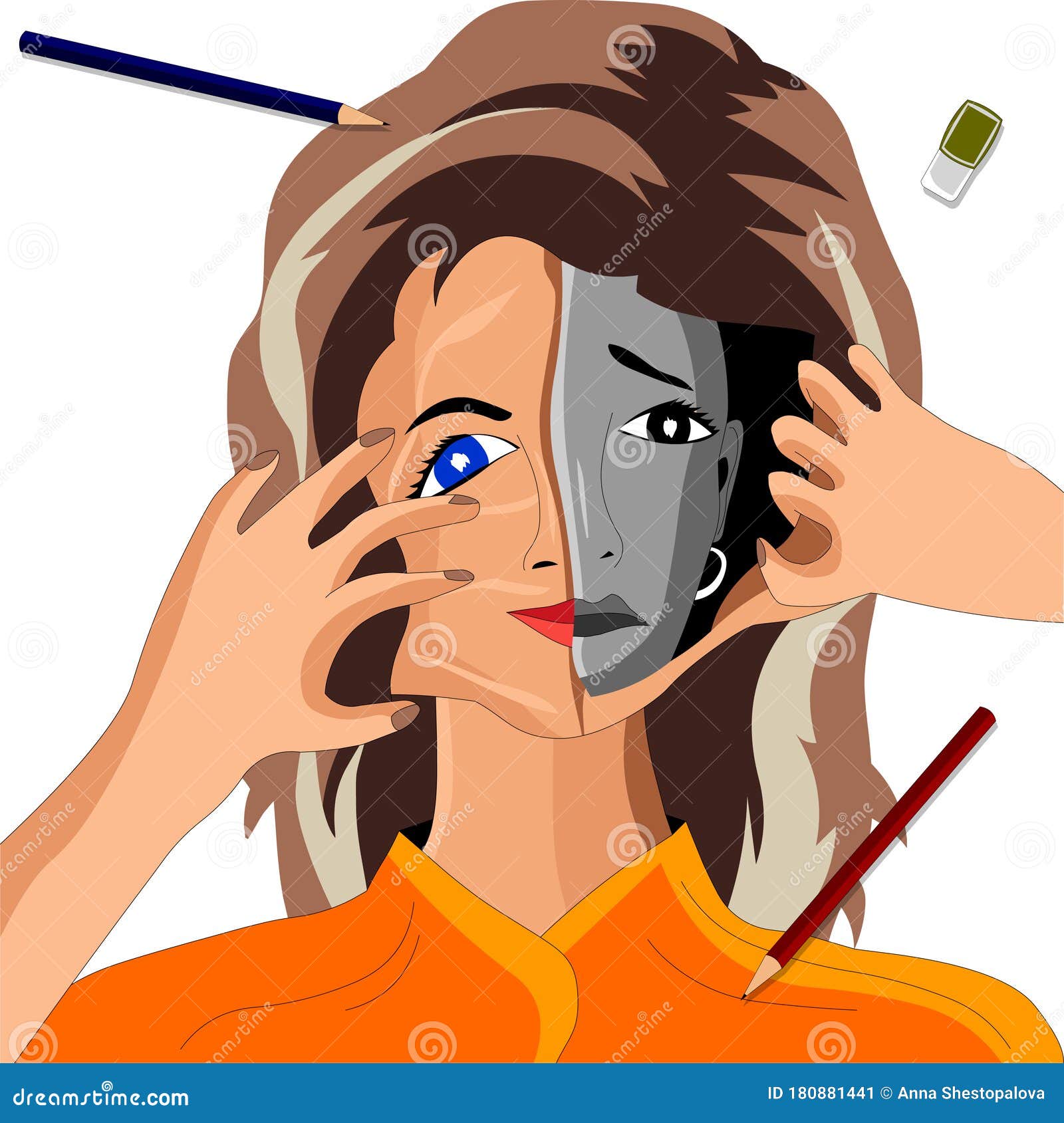 The Artist Drew a Happy Girl, at the Same Time Sad Stock Vector ...