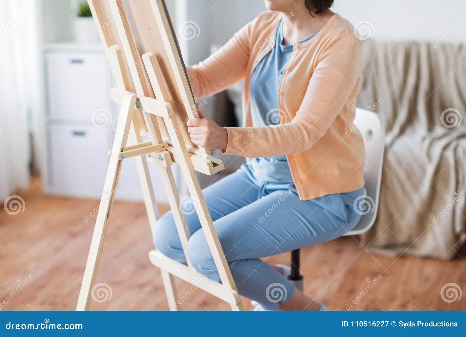 Artist with Easel Drawing Picture at Art Studio Stock Image - Image of ...