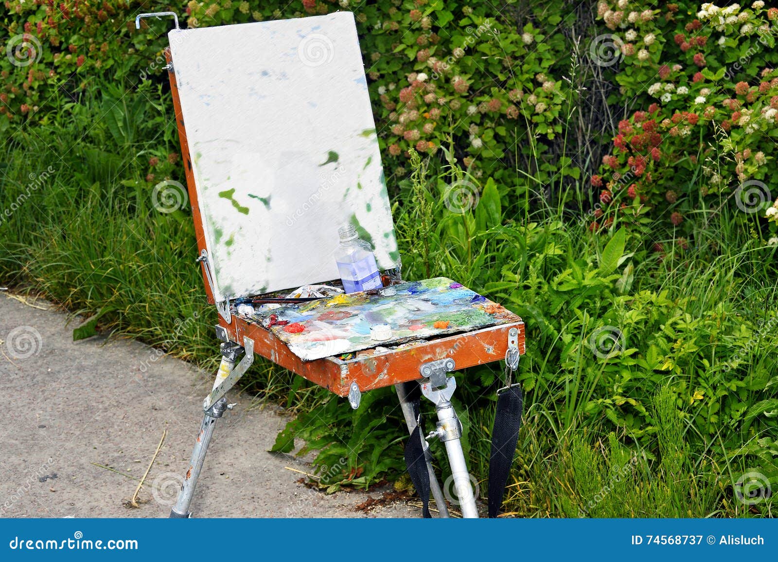 Artist Easel with Paints Standing Outdoors Stock Image - Image of craft ...