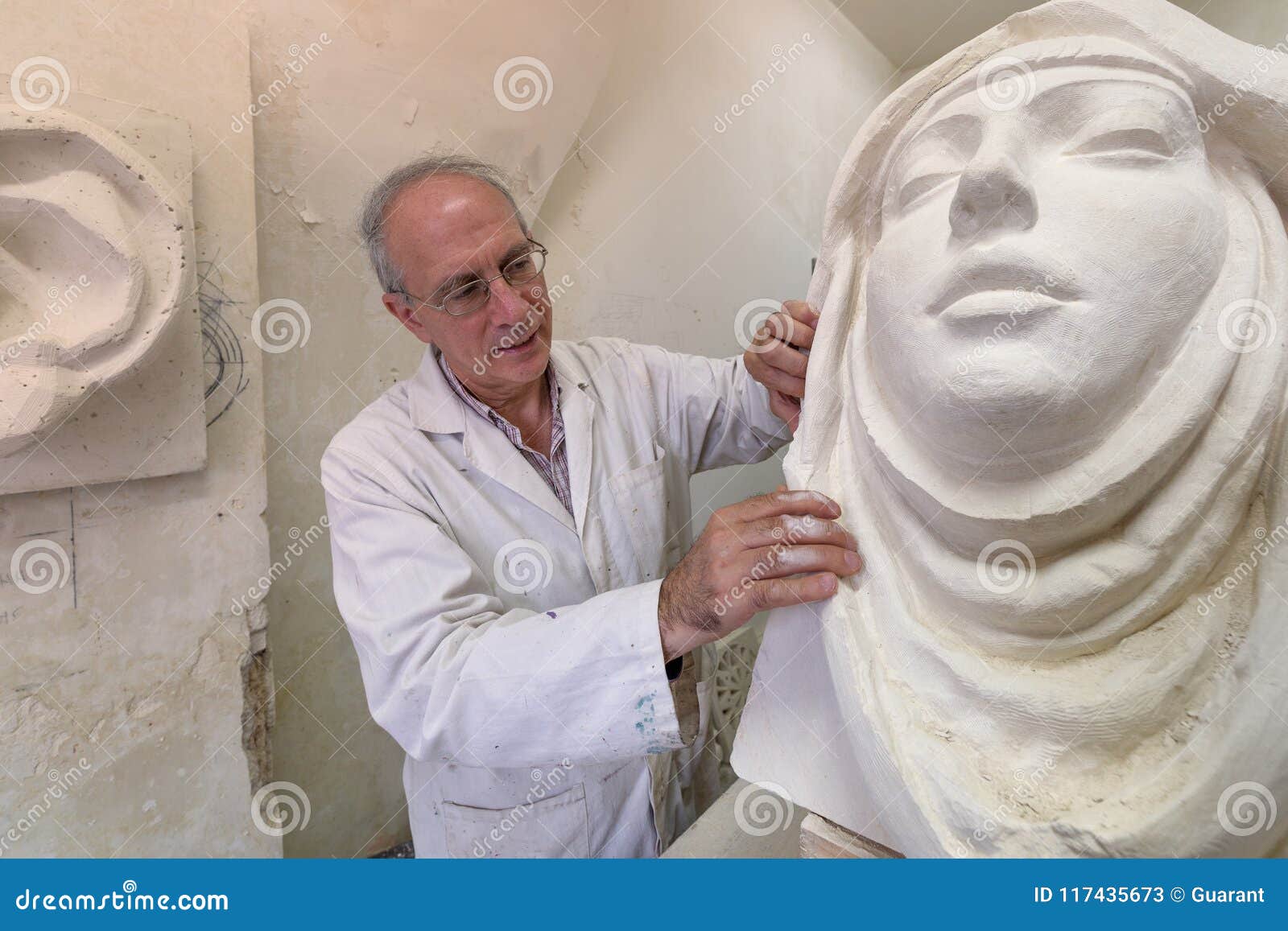 Artist Master at Work in Studio on a Sculpture of Face Stock Vector ...