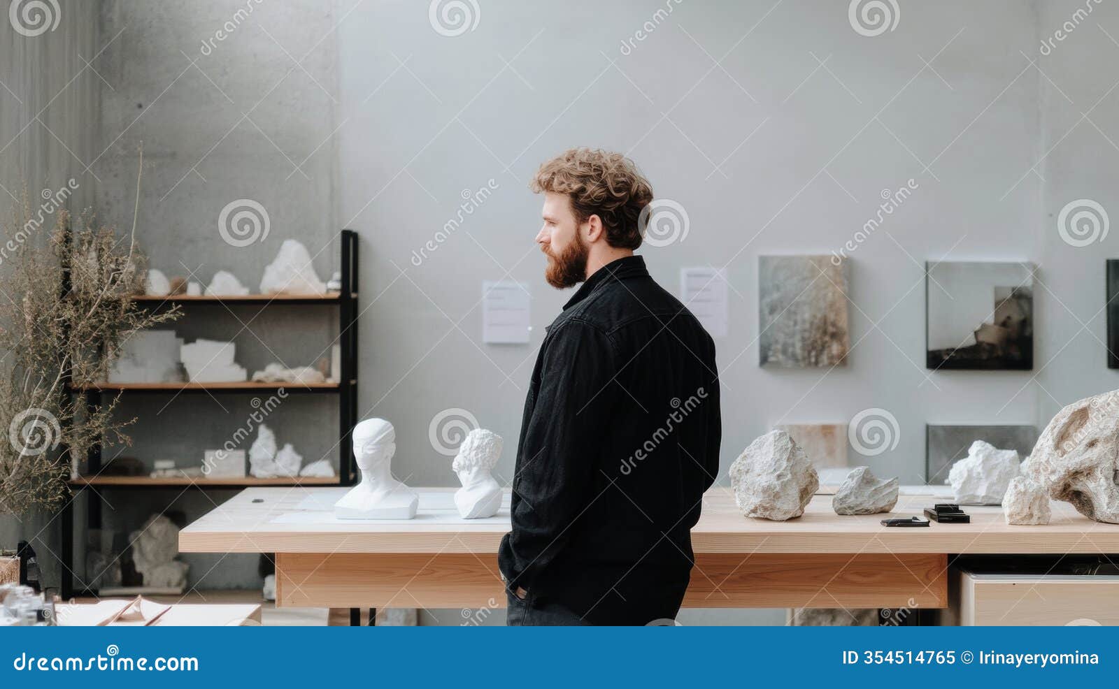 Artist in Modern Studio Surrounded by Sculptures and Natural Elements ...