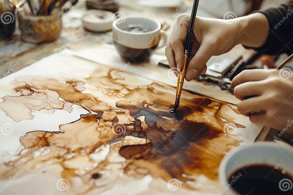 Artist Painting with Coffee Creating Abstract Artwork Stock Photo ...