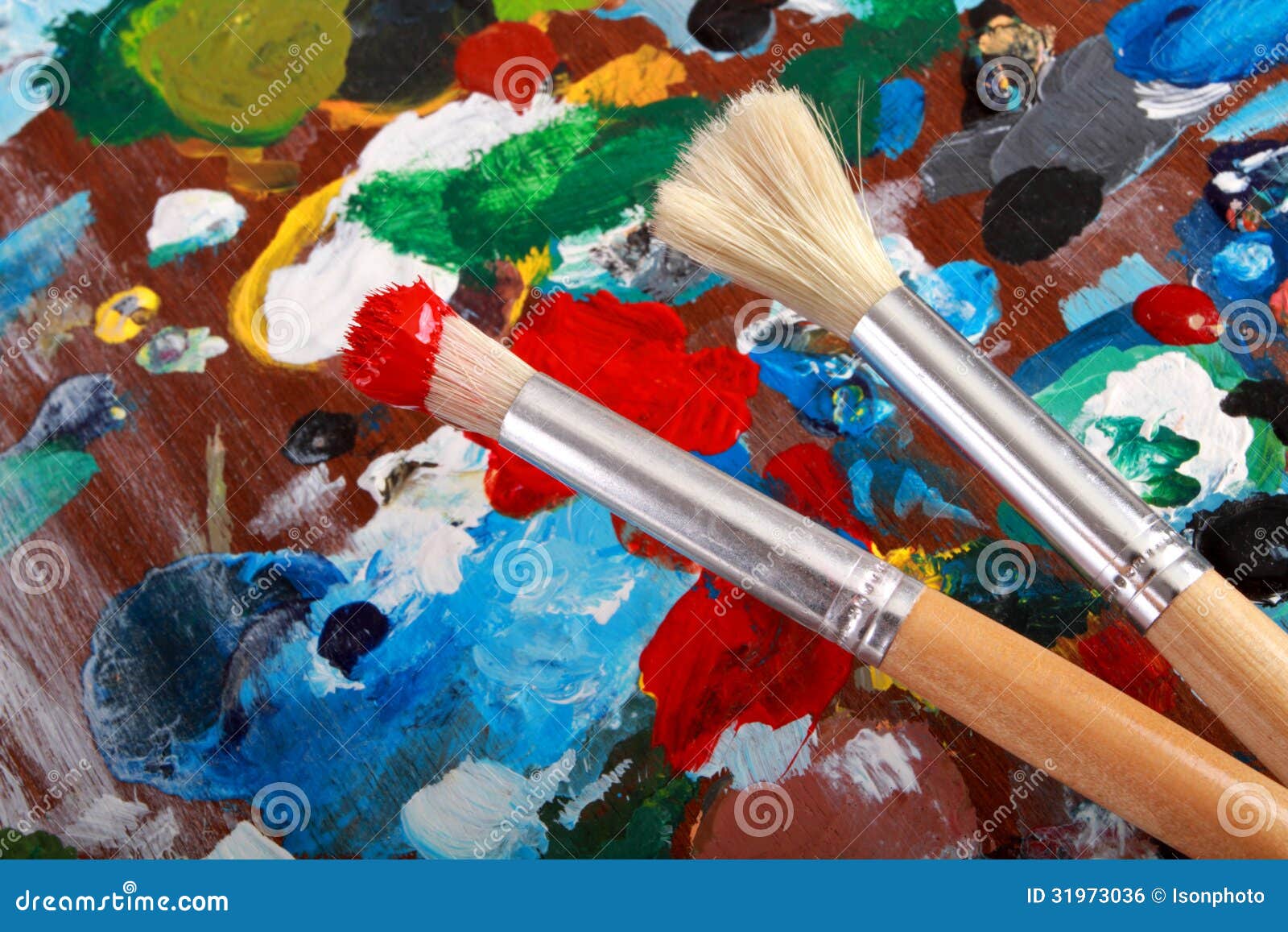 Artist Palette and Two Paintbrushes Stock Photo - Image of wood, color ...