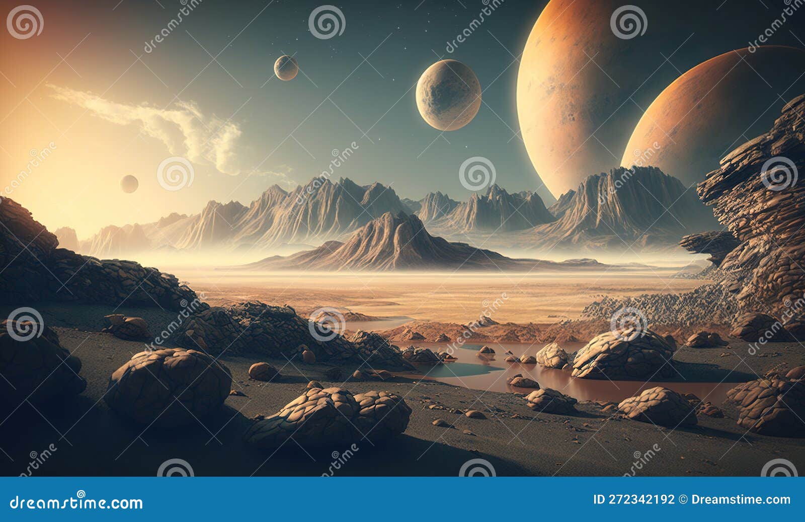 An Artist S Rendering of a Landscape with Mountains, Rocks, and Planets ...