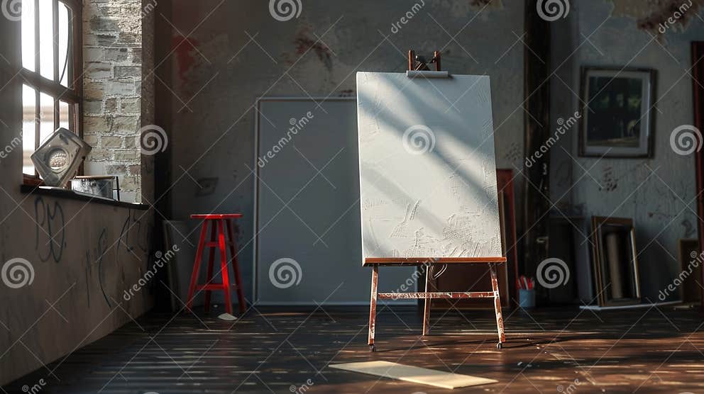 An Artist S Setup with an Easel and Finished Artwork Stock Photo ...