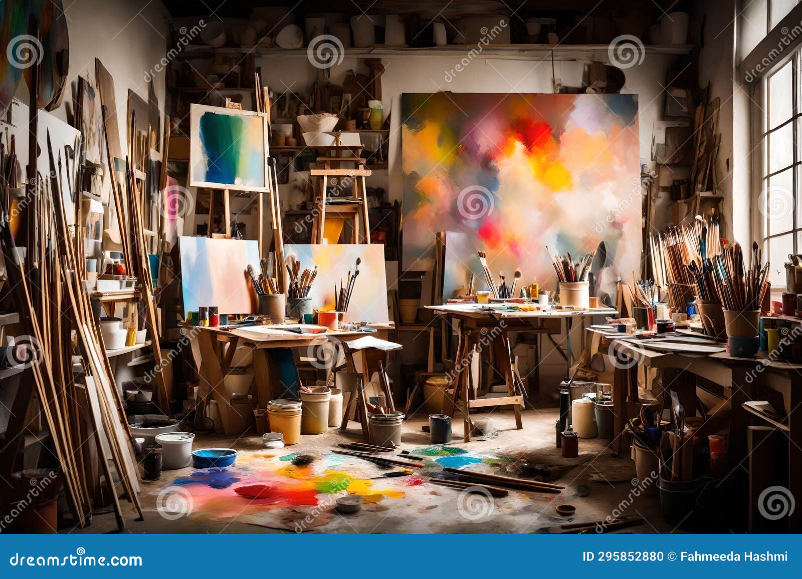 An Artist S Studio Filled with Colorful Paints, Brushes, and Canvases ...
