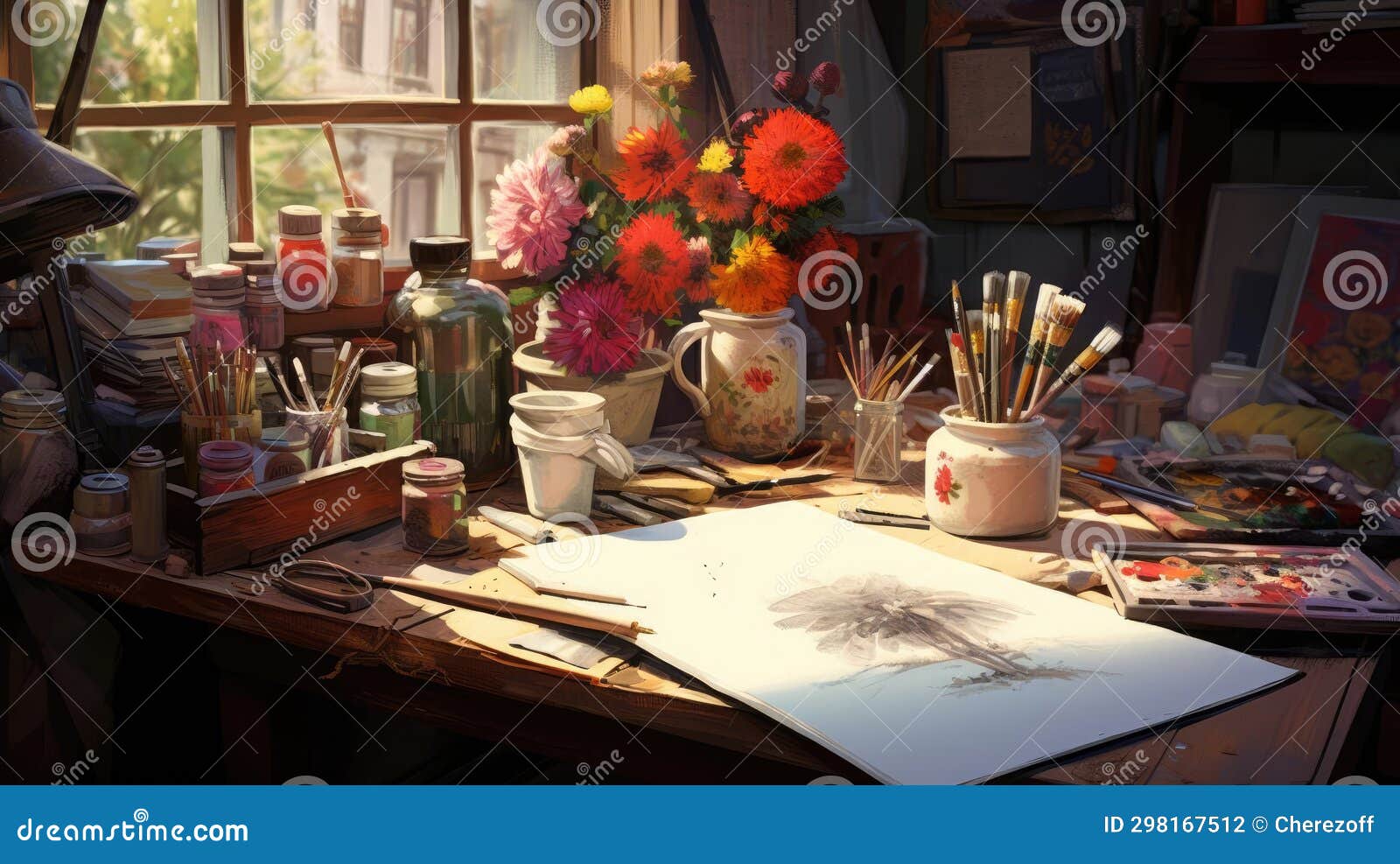 Artist S Table with Brushes and Paints Stock Illustration ...