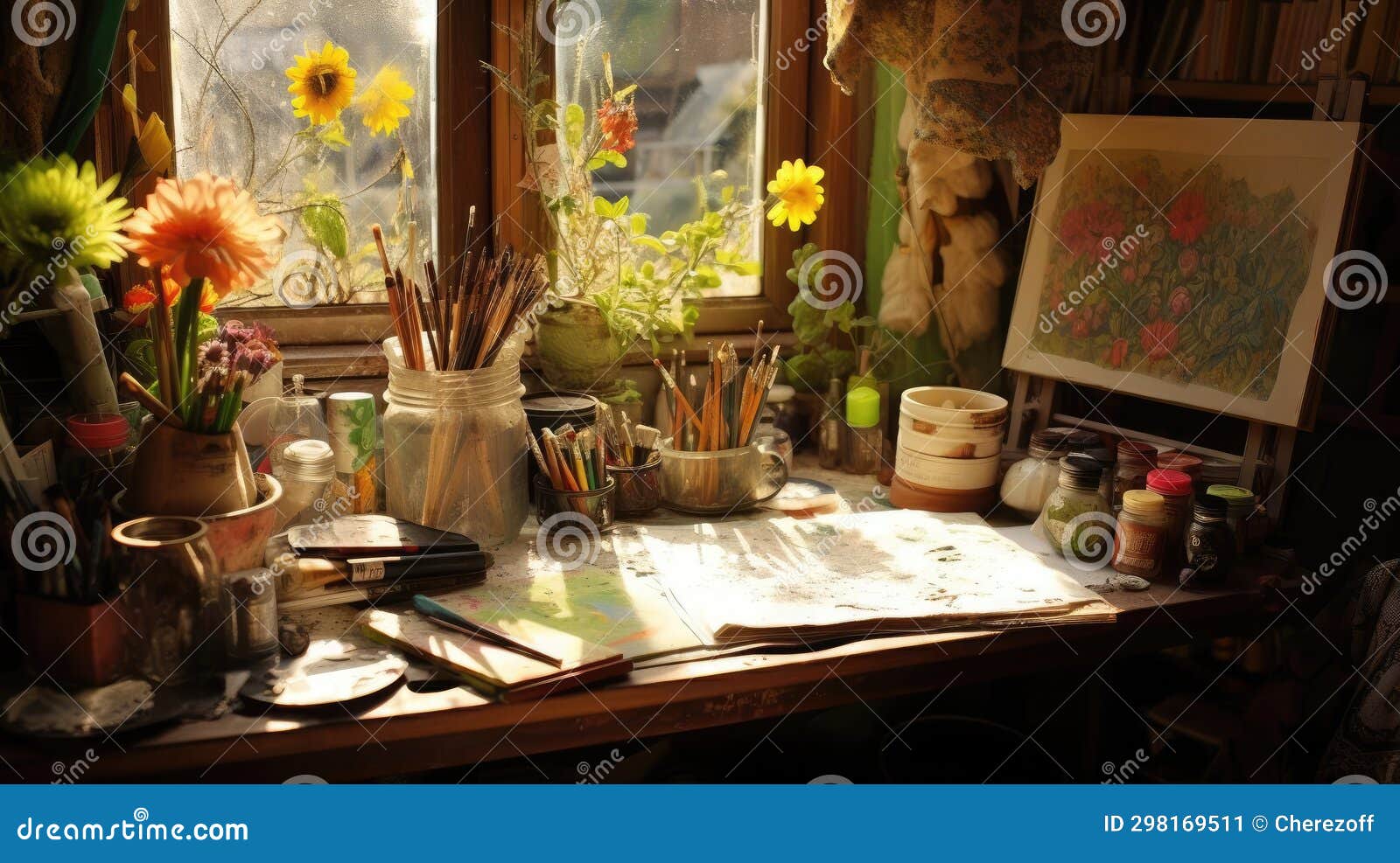 Artist S Table with Brushes and Paints Stock Illustration ...