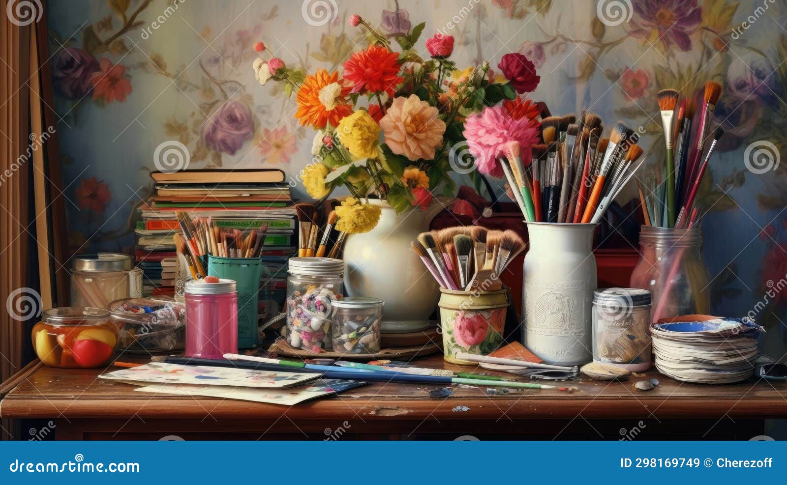 Artist S Table with Brushes and Paints Stock Image - Image of workspace ...