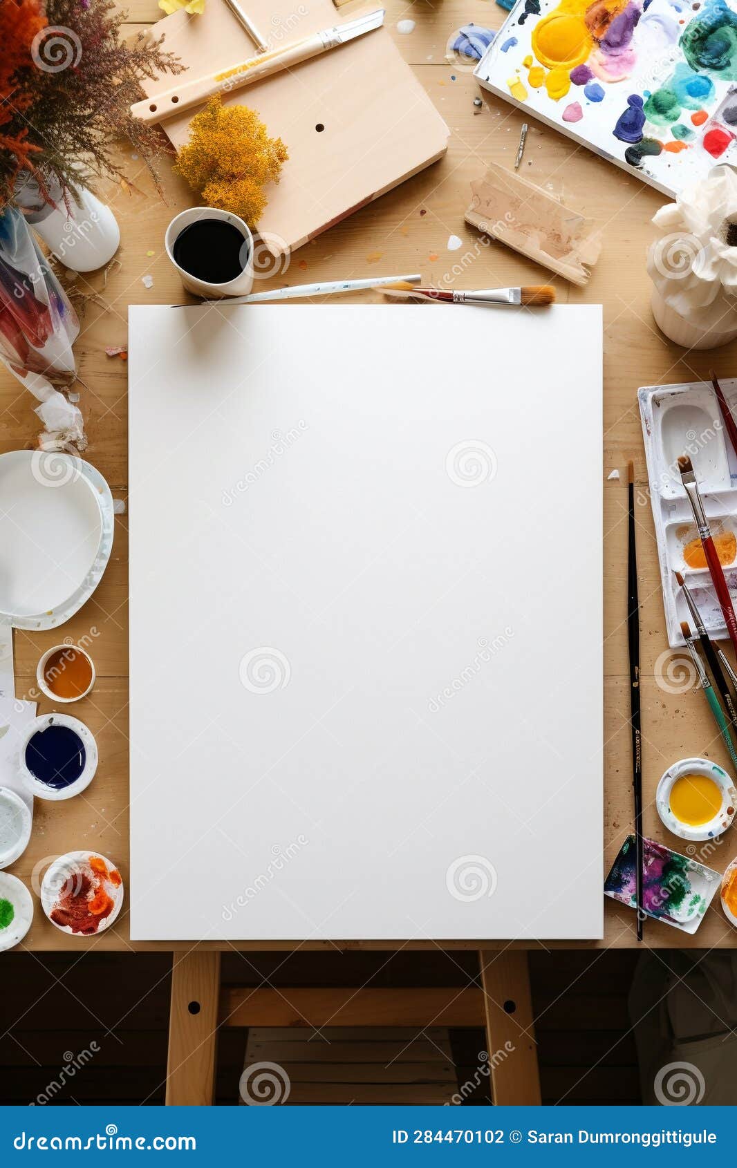 Artist S Workspace with Blank Canvas and Art Supplies Stock ...