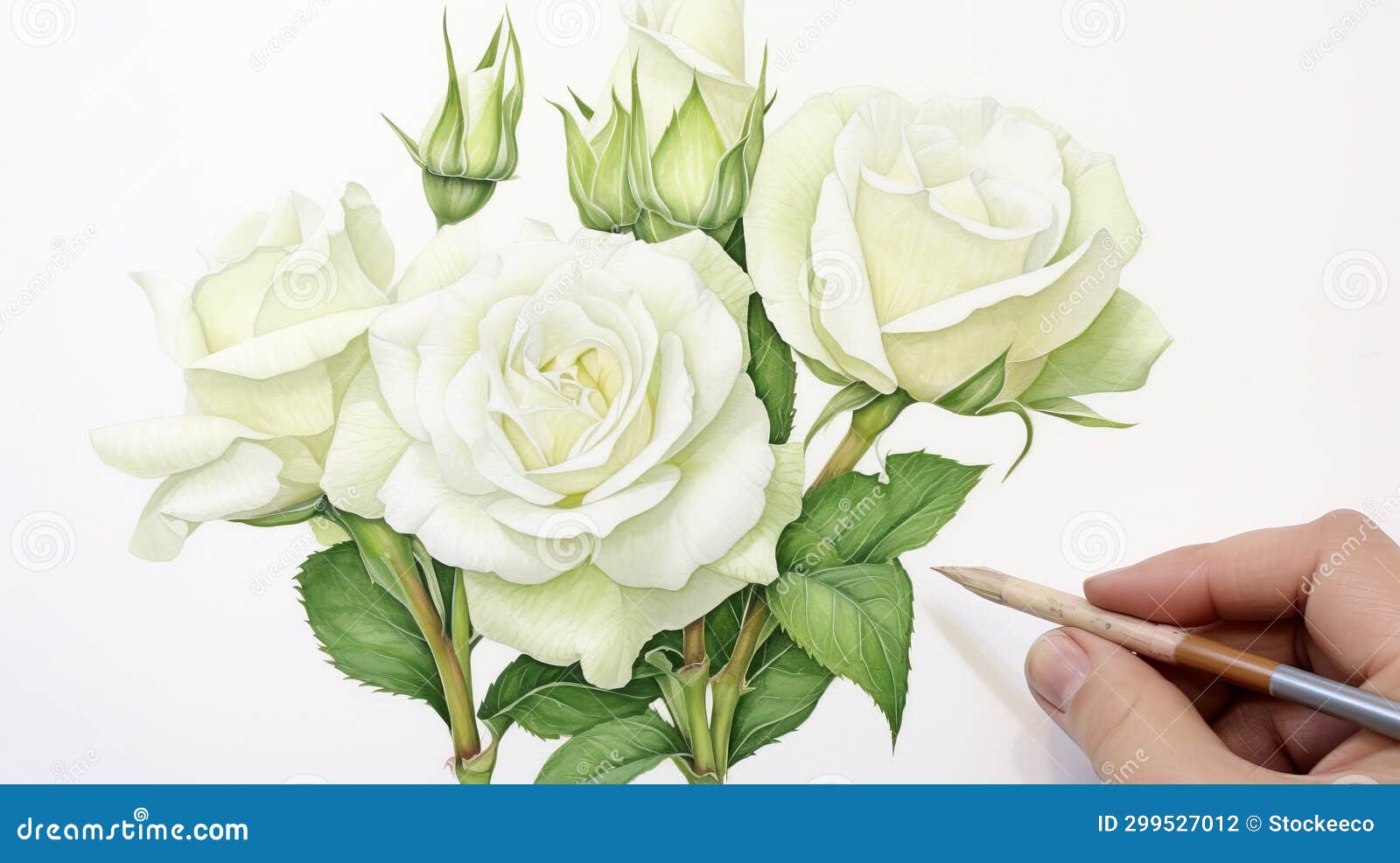 Intricately Detailed Hand-painted White Roses in Watercolor Pencil ...