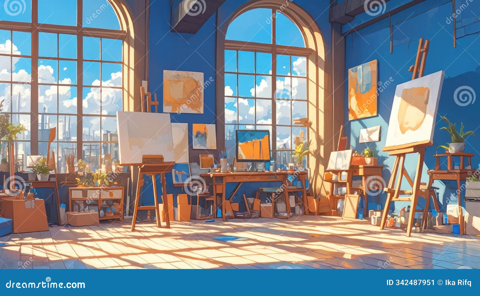 Artist Studio with Large Windows and Sunbeams Illustration Stock ...