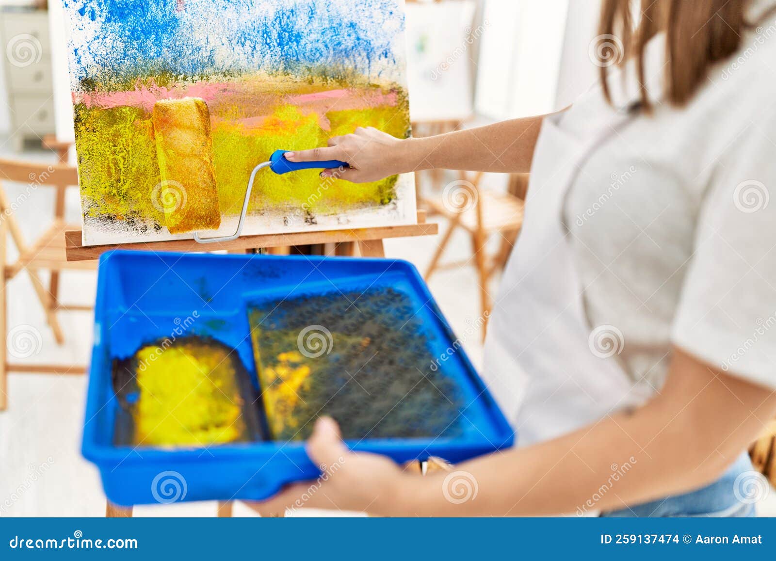 Artist Woman Drawing Using Paint Roller at Art Studio Stock Photo ...