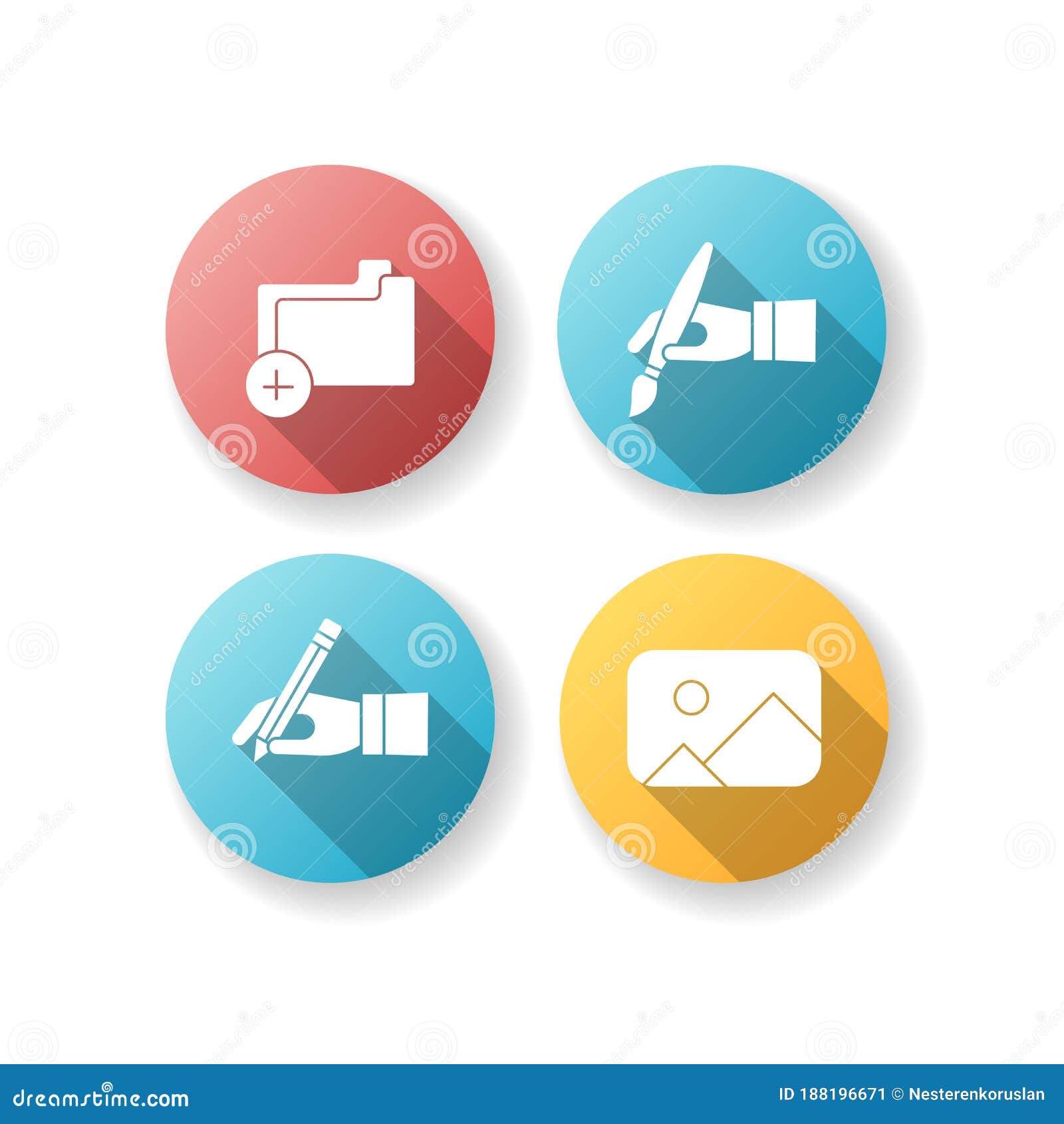 Artist Work Elements Flat Design Long Shadow Glyph Icons Set Stock