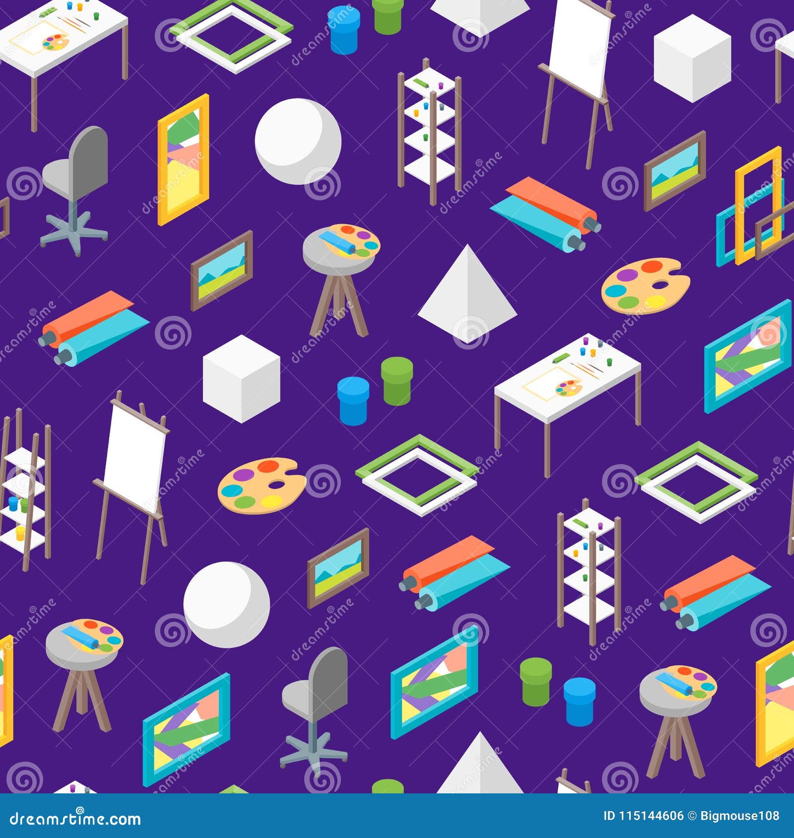 Artist Workplace Seamless Pattern Background Isometric View. Vector ...