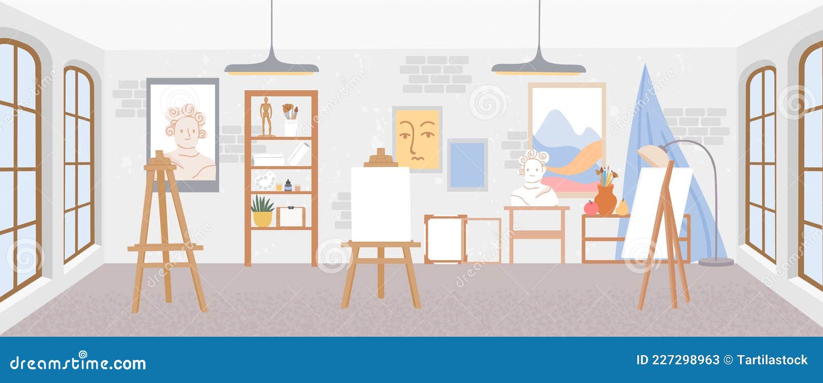 Artist Workshop or Art Studio Classroom Interior with Easels. Painter ...