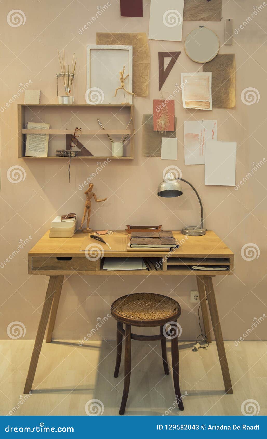 Artist workspace home desk stock image. Image of wall - 129582043
