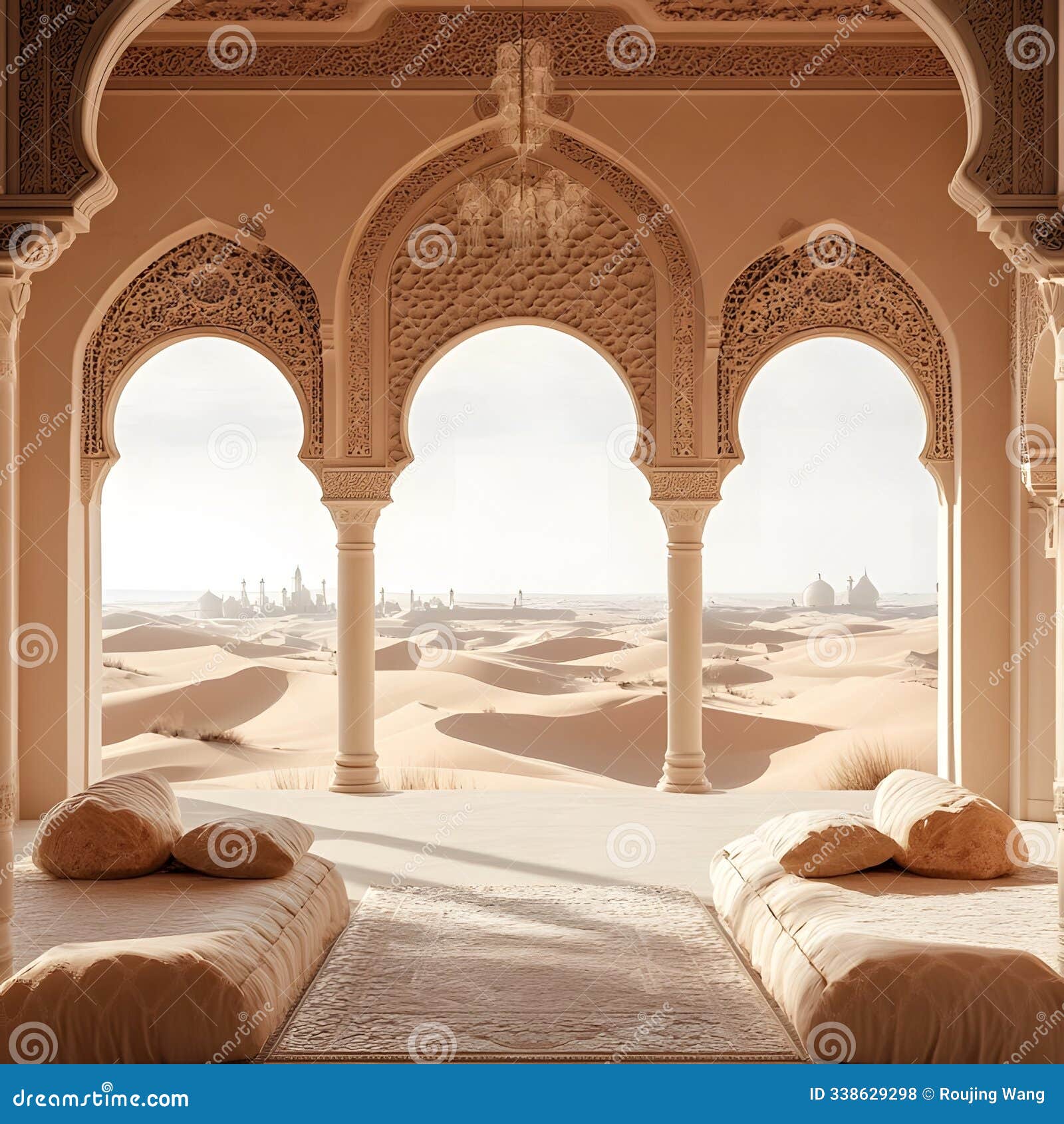 Ancient Palace With Grand Arches And Columns Surrounded By Lush Gardens ...