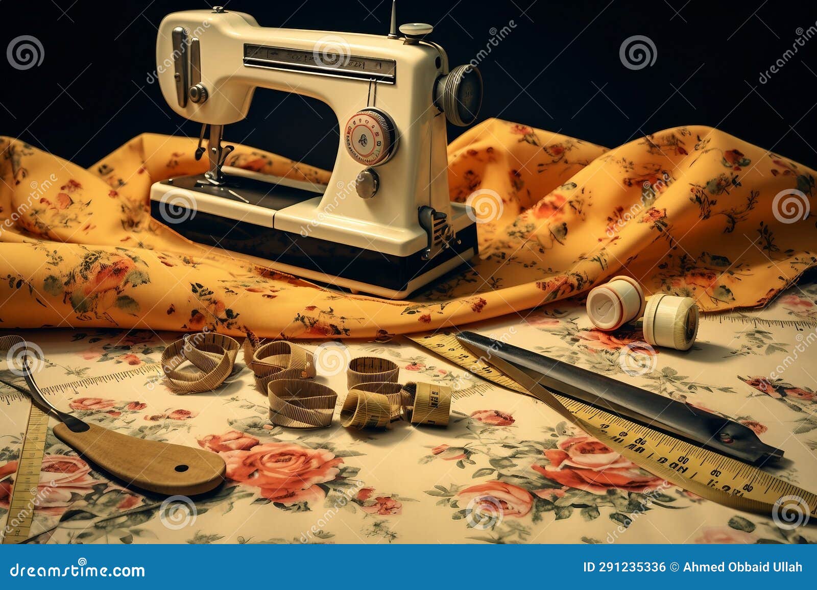 Artistic Arrangement: Pattern, Scissors, Tape Measure, and Sewing ...