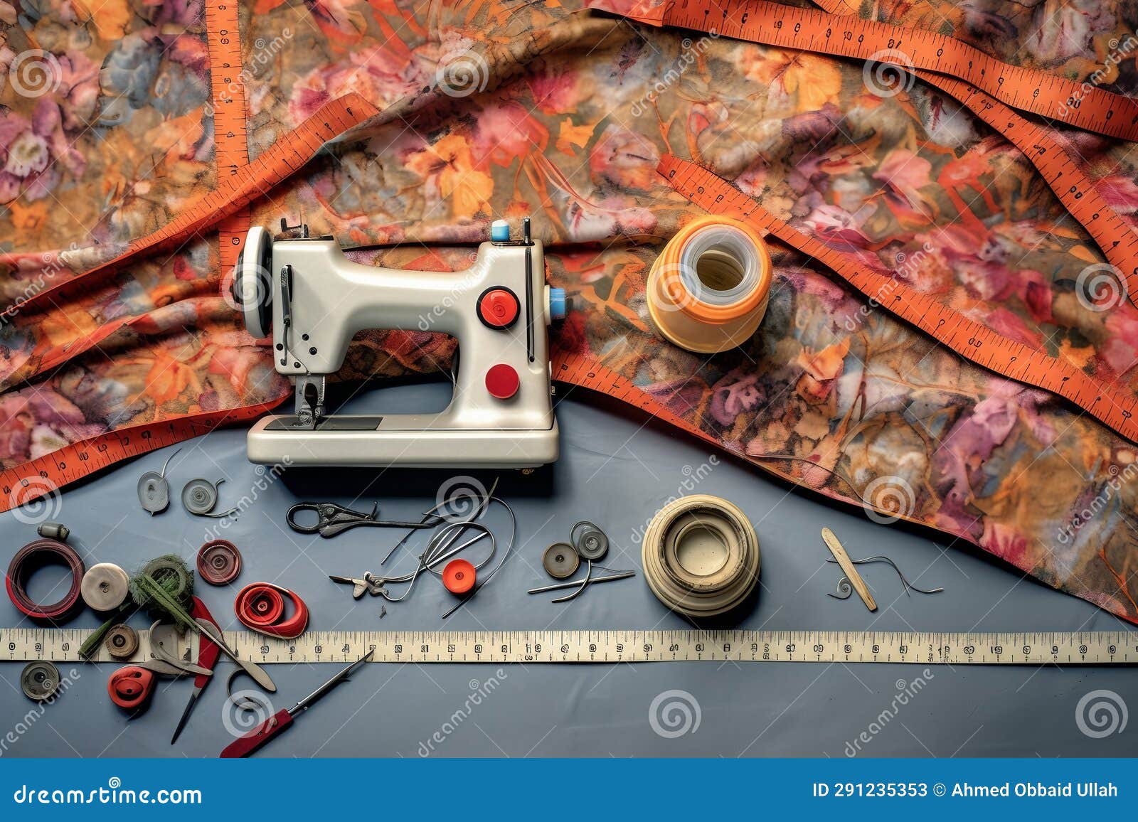 Artistic Arrangement: Pattern, Scissors, Tape Measure, and Sewing ...