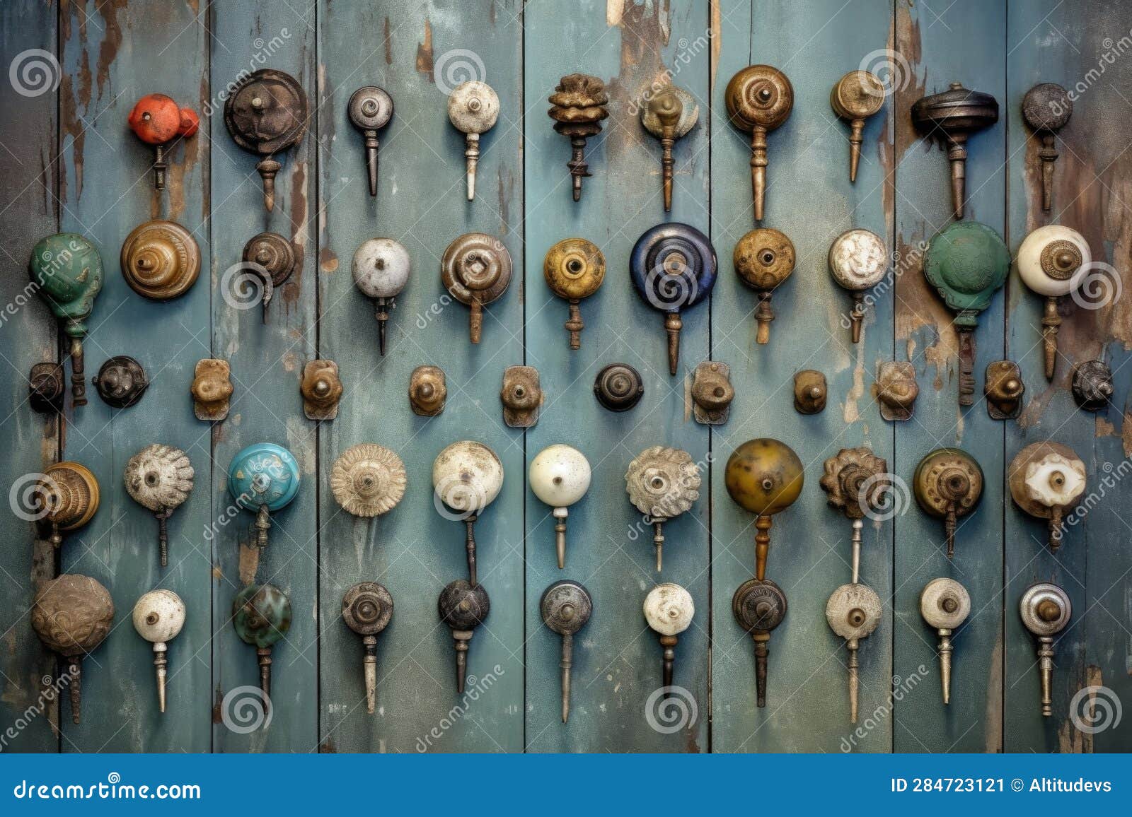 Artistic Arrangement of Vintage Door Knobs on Distressed Wood Stock ...
