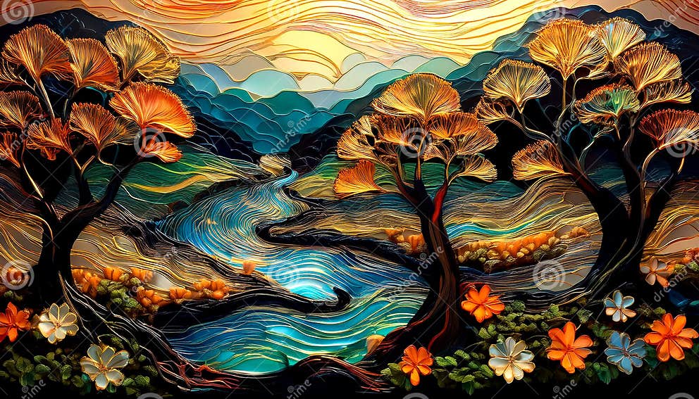 An Artistic Artwork Shows an Embossed Landscape Done with a Design in ...