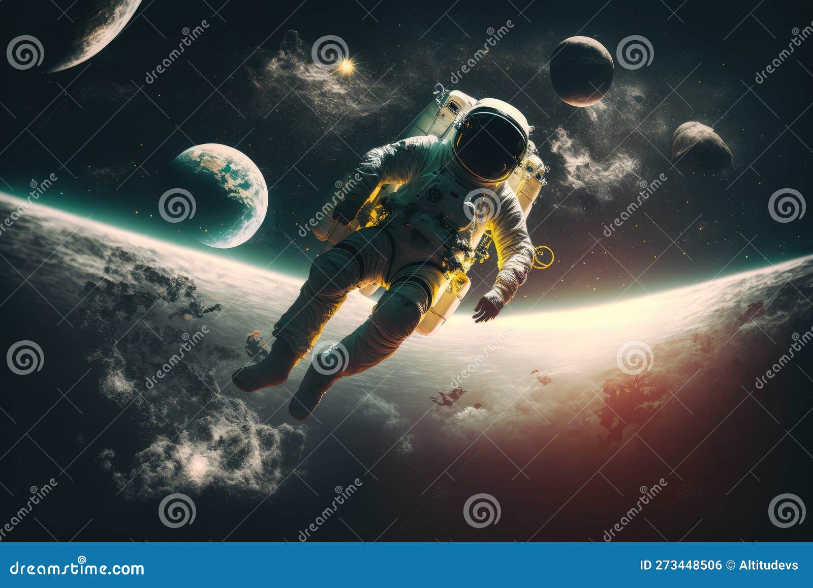 Artistic Astronaut, Floating in Zero Gravity with View of Celestial ...