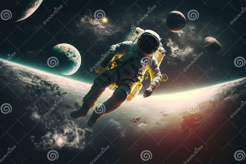 Artistic Astronaut, Floating in Zero Gravity with View of Celestial ...