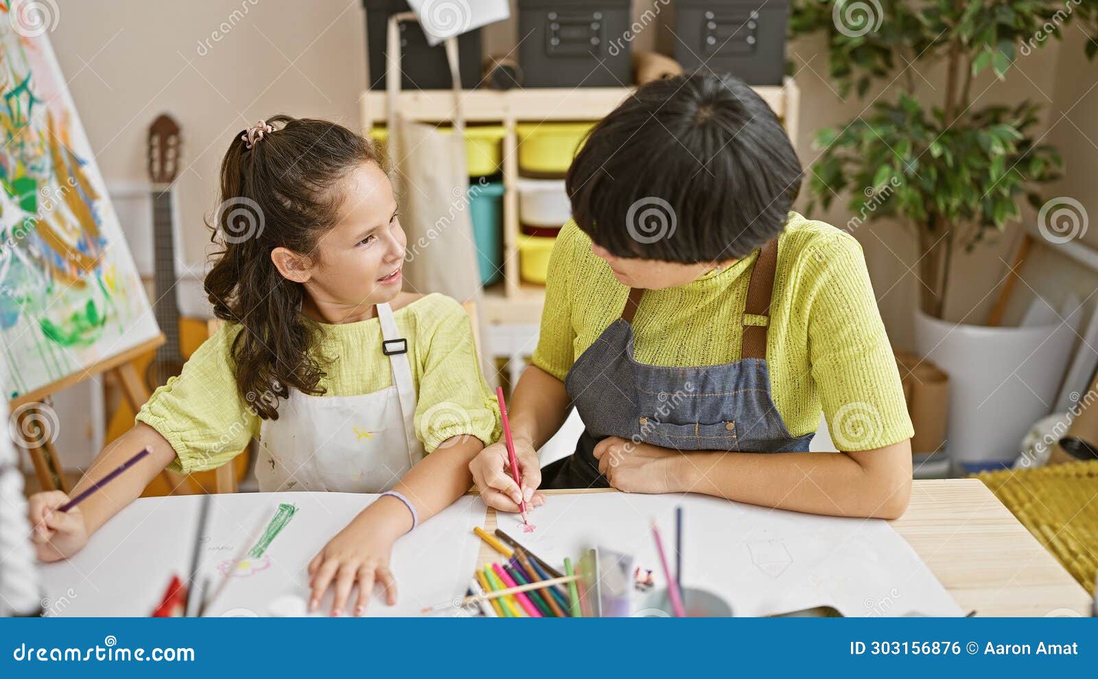 Artistic Bonding, Teacher and Student Together Draw, Speaking ...