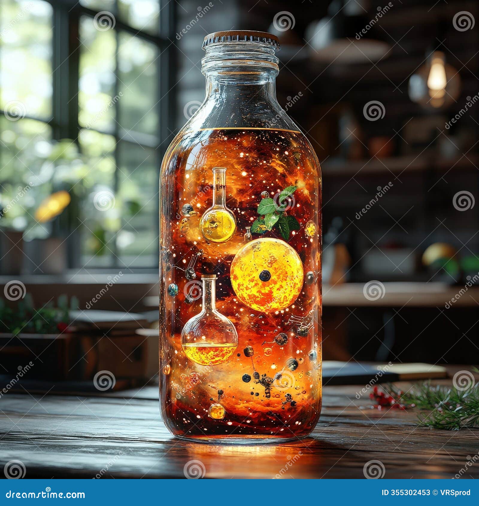 Artistic Bottle Showcasing Celestial Elements Stock Image - Image of ...