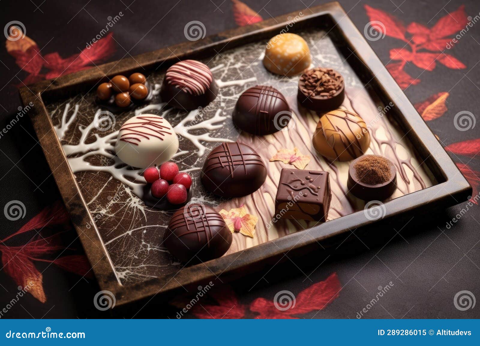 Artistic Chocolate Praline Designs on a Tray Stock Image - Image of ...