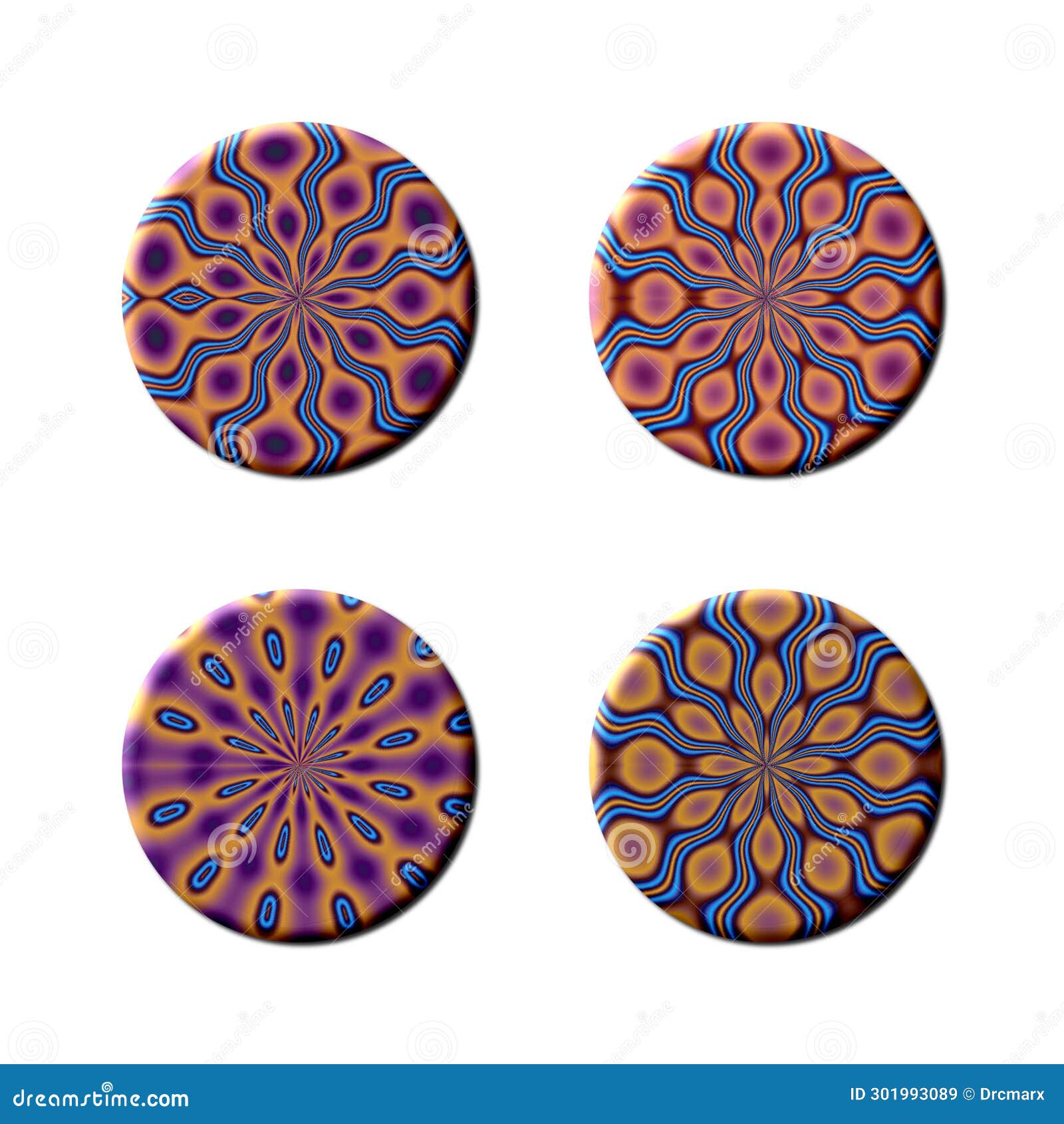 Artistic Circular Buttons with Brown, Yellow and Blue Radial Patterns ...