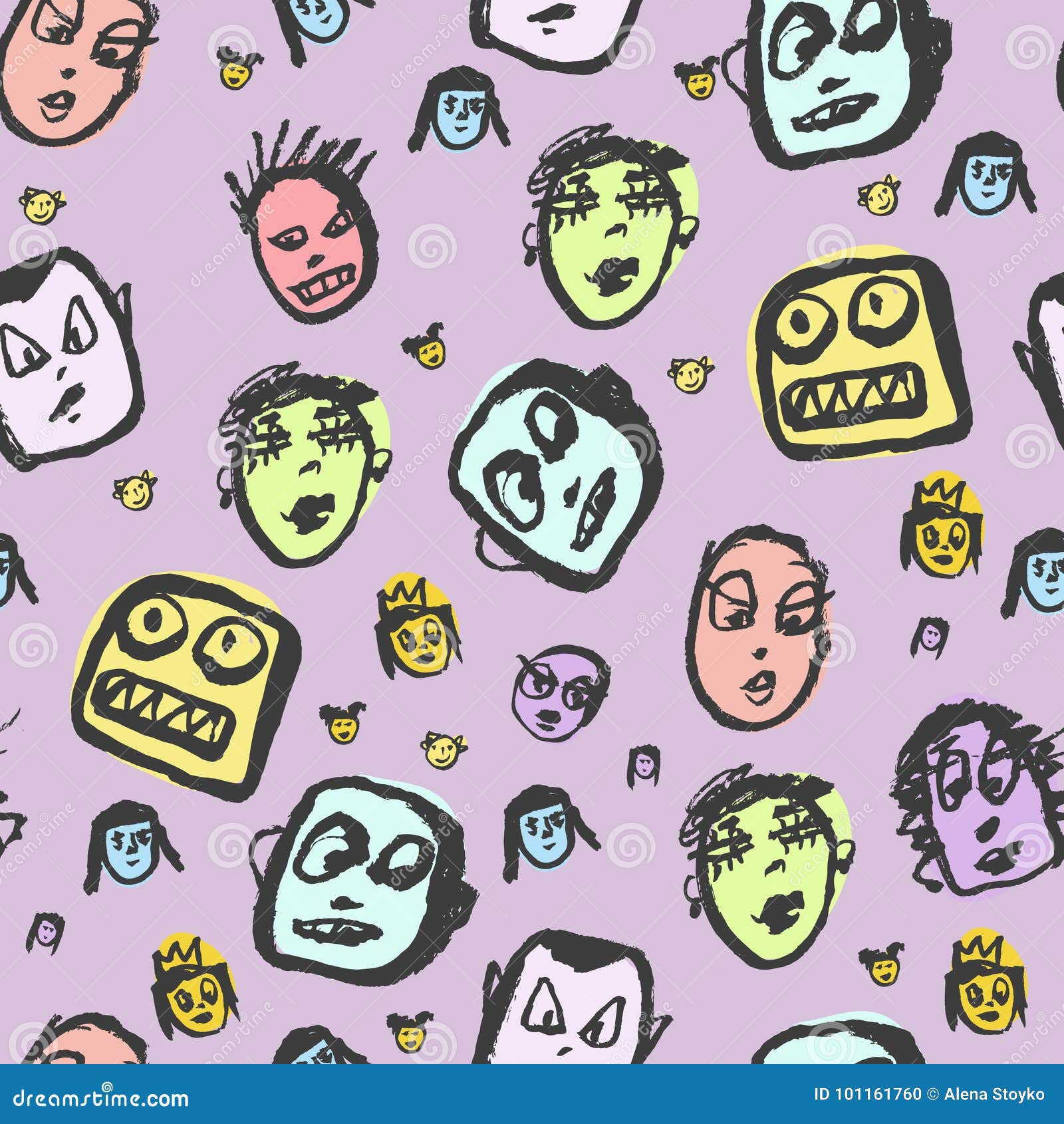 Doodles faces pattern stock vector. Illustration of pattern - 101161760