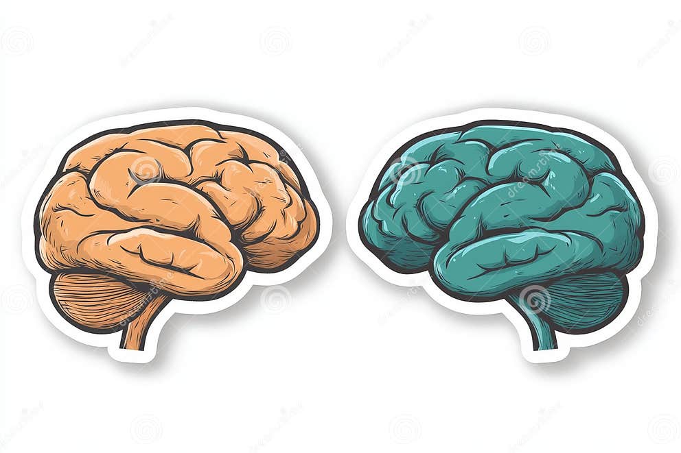 Artistic Comparison of Orange Teal Brain Illustrations Symbolizing ...