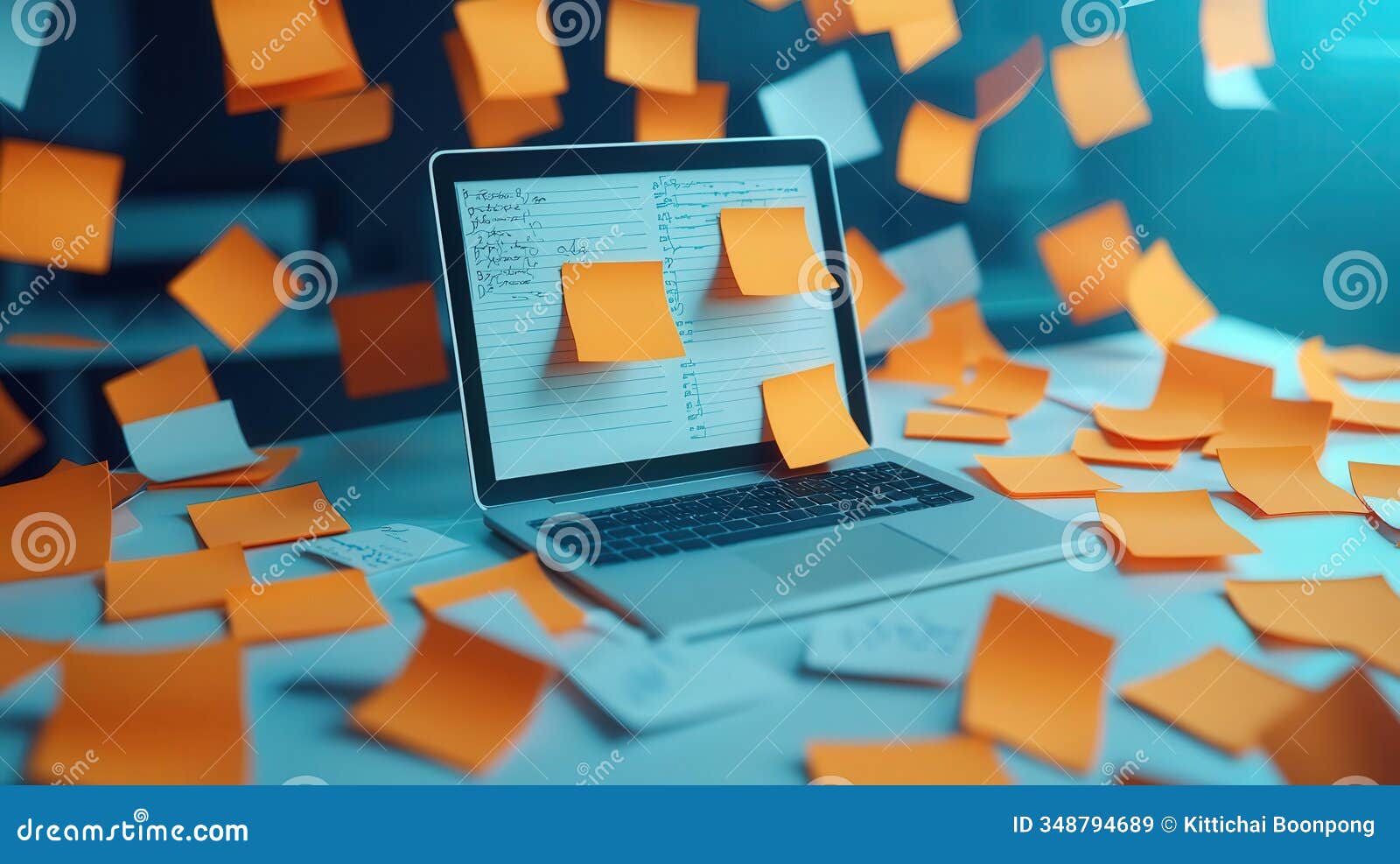 Artistic 3D Depiction of a Desk Filled with Floating Post-it Notes in ...