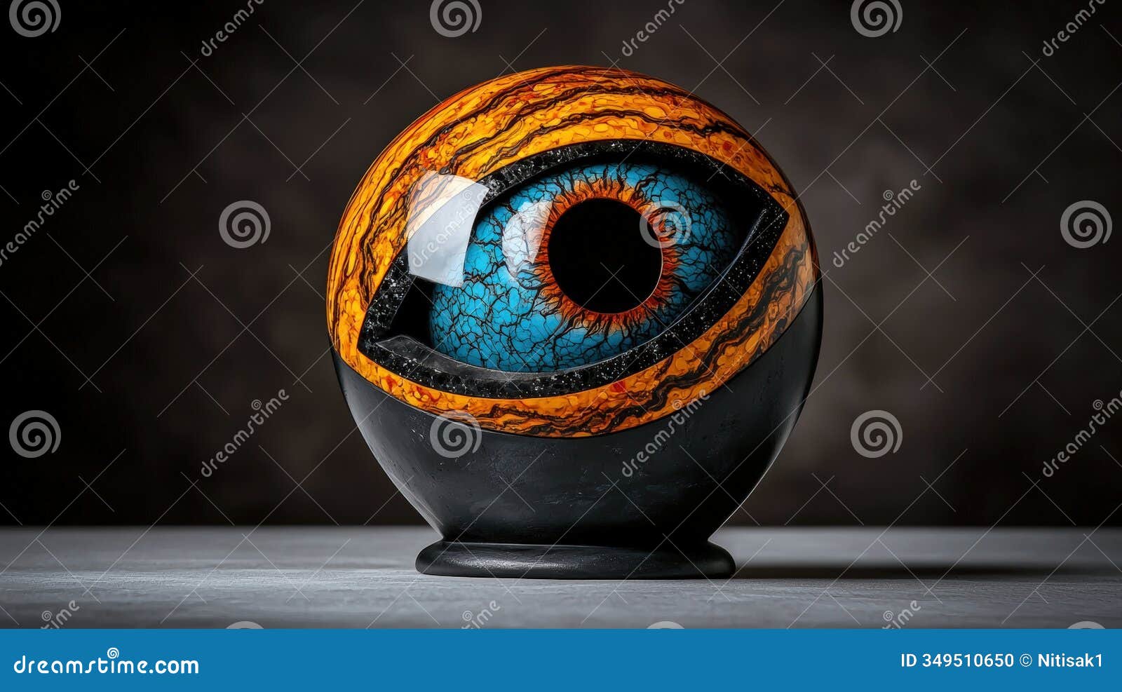 Artistic Decorative Sphere with Eye Design Isolated on a Dark Blurred ...