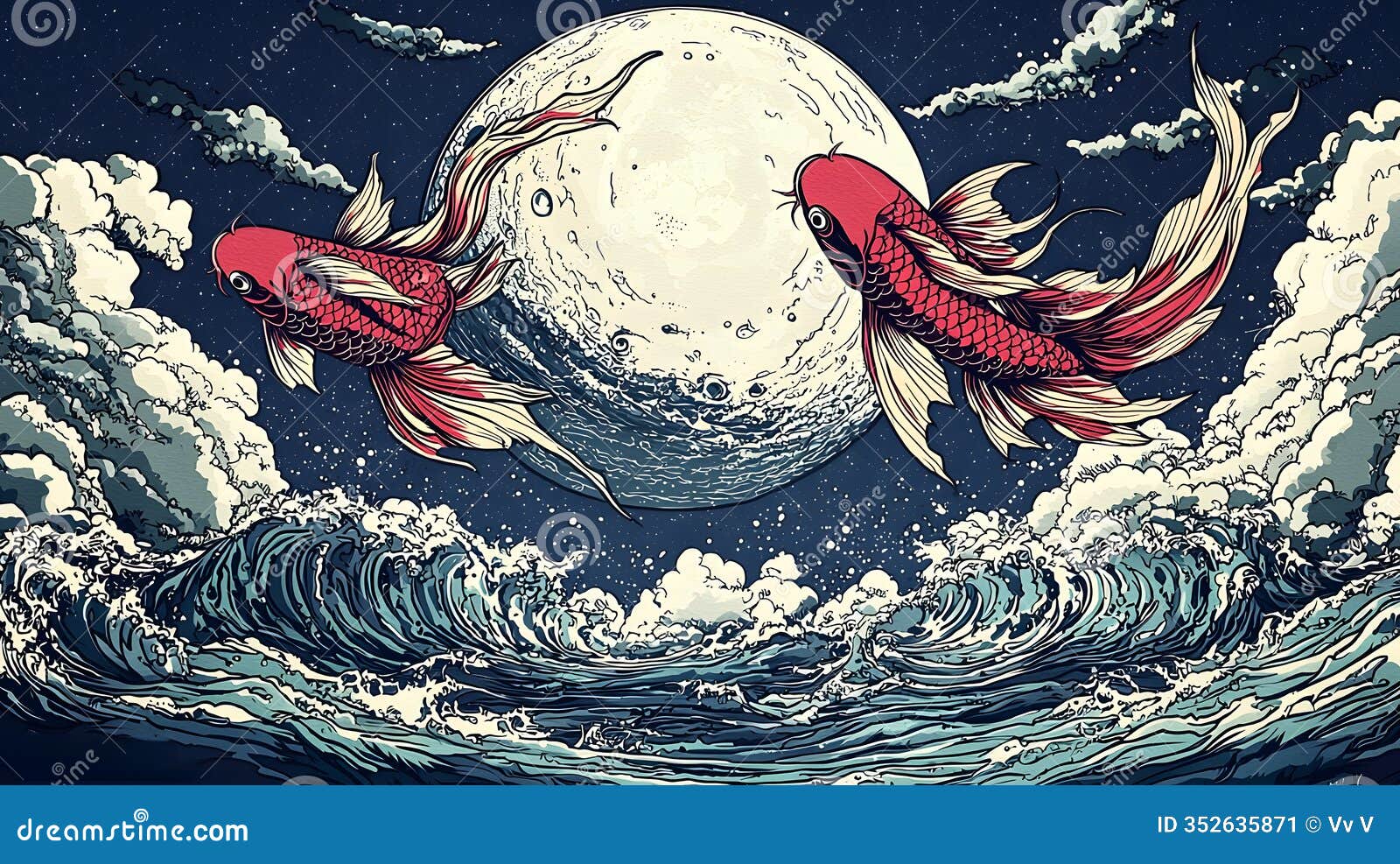 Artistic Depiction of Koi Fish Swimming Under Moonlight Stock ...