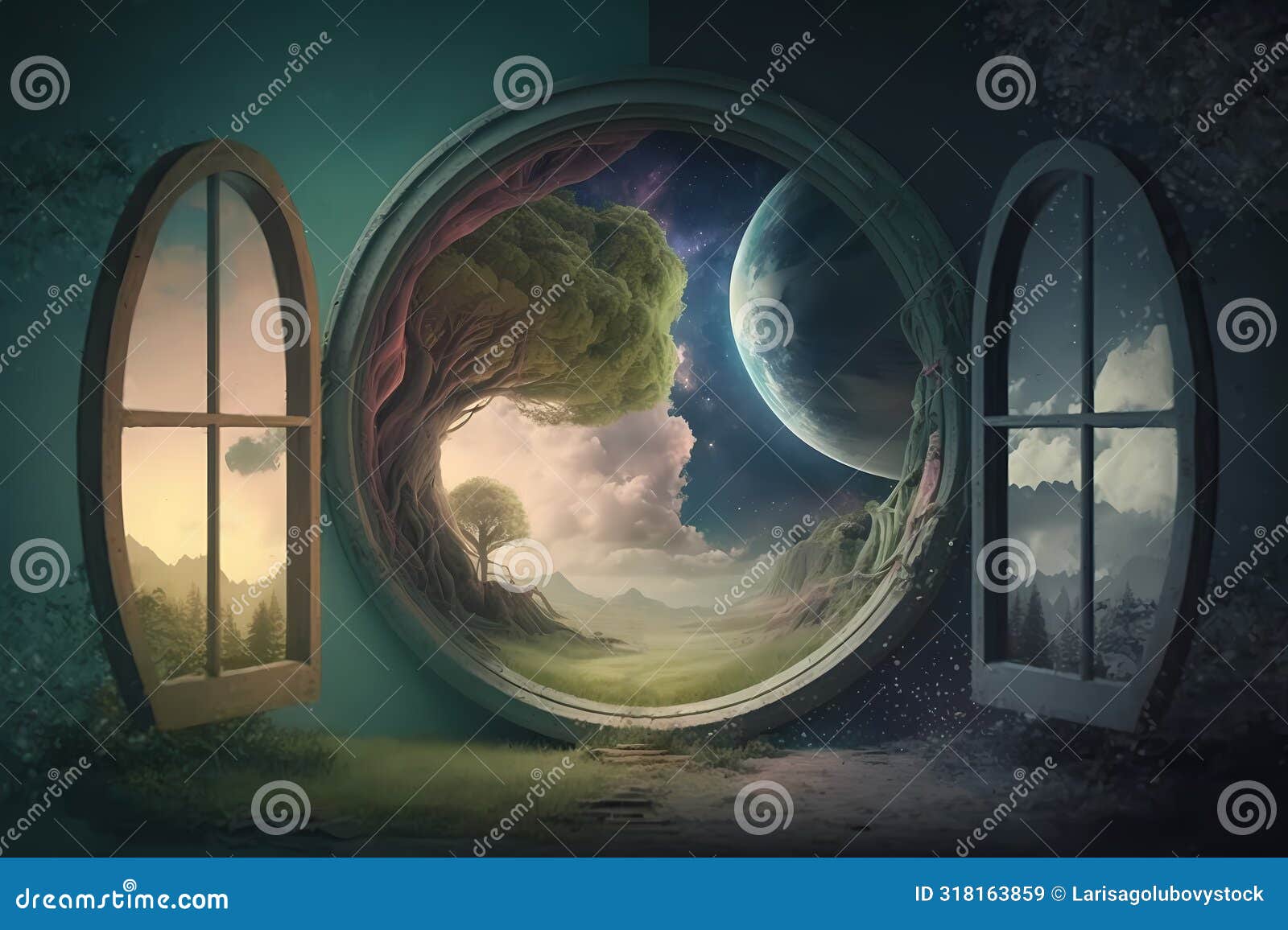 Artistic Depiction of a Moonlit Window with a Tree. Stock Image - Image ...