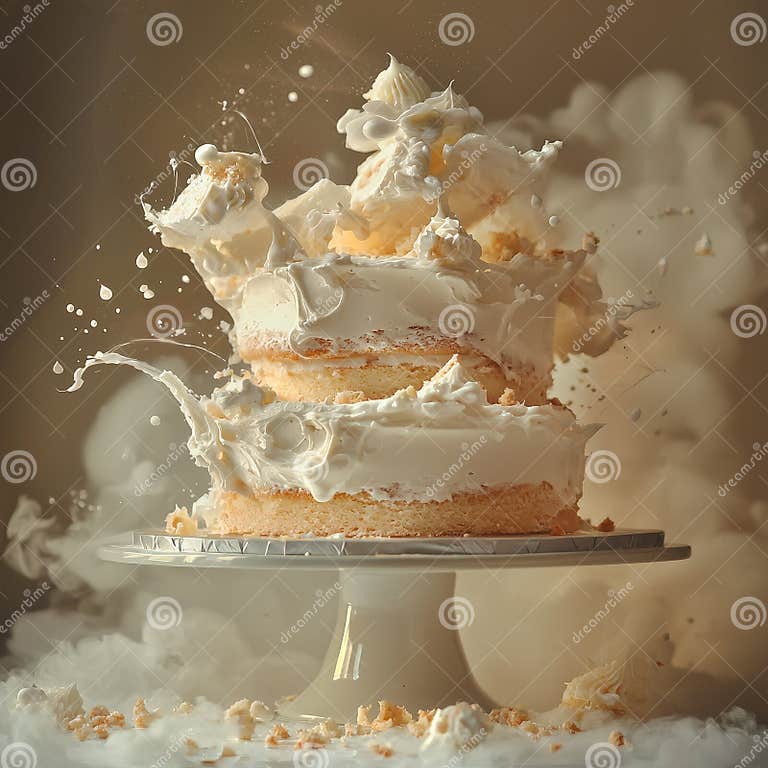Splattered Layer Cake with Cream Explosion Stock Image - Image of ...