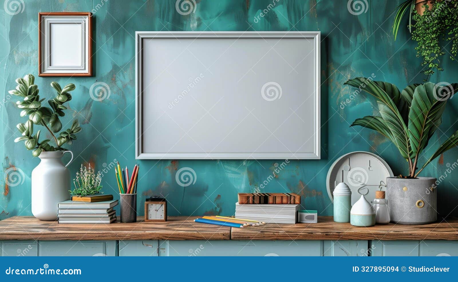 Artistic Desk with Plants and Frames - Generative Ai Stock Illustration ...