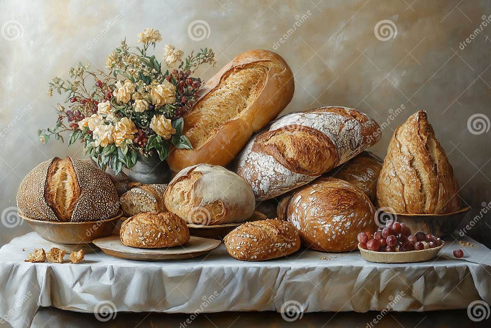 Artistic Display of Assorted Breads and Flowers on a Rustic Table ...