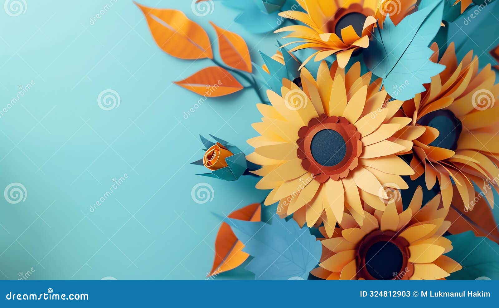 Artistic Display of Paper Sunflowers Blooming Against Tranquil Blue ...