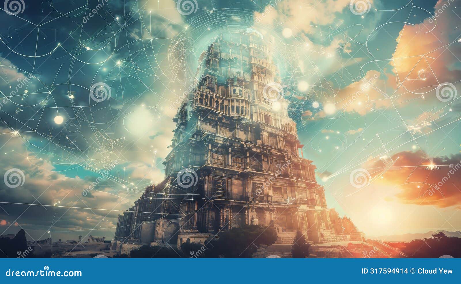 Artistic Double Exposure Intertwining the Tower of Babel Stock ...