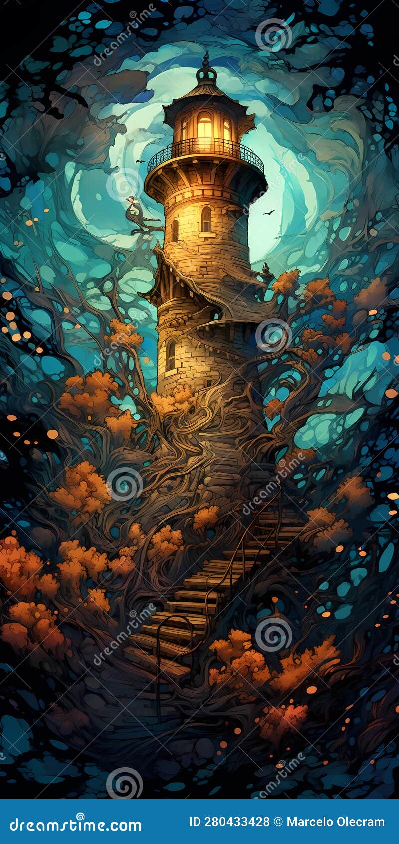 Artistic Drawing of a Lighthouse with a Multicolored Background and ...