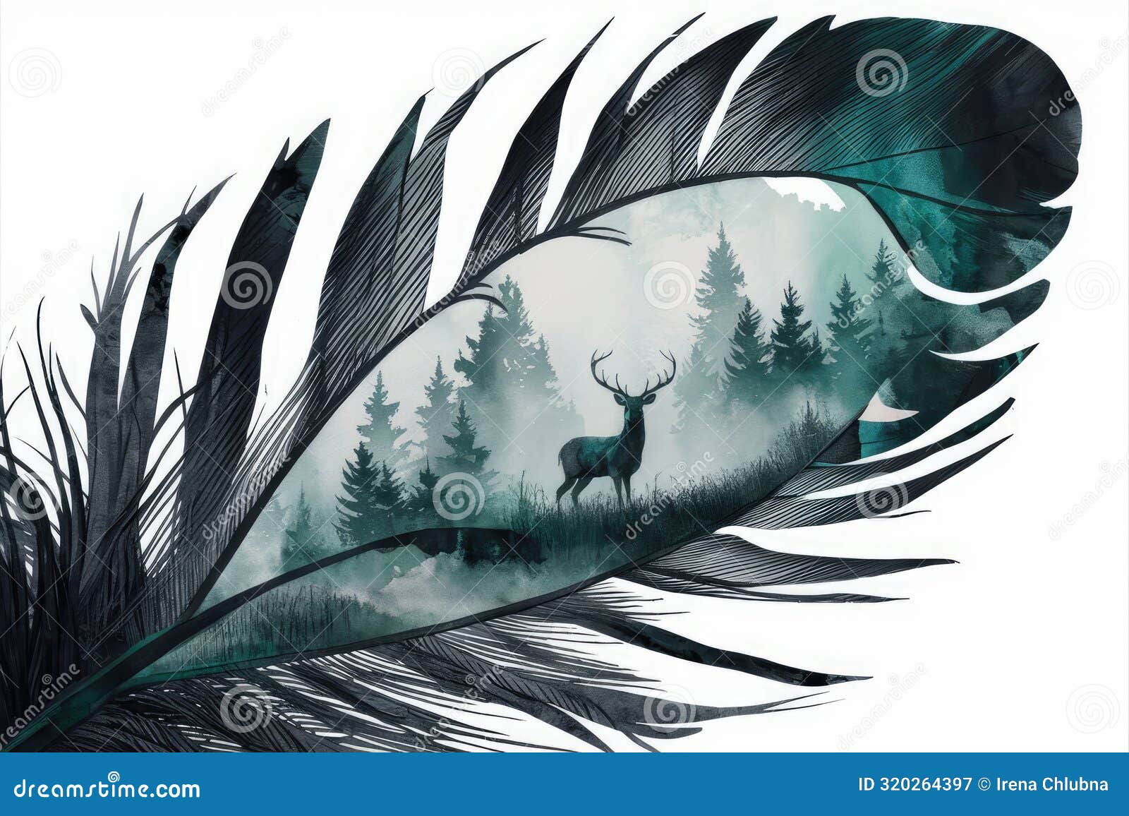 Artistic Feather with Forest Silhouette Stock Illustration ...