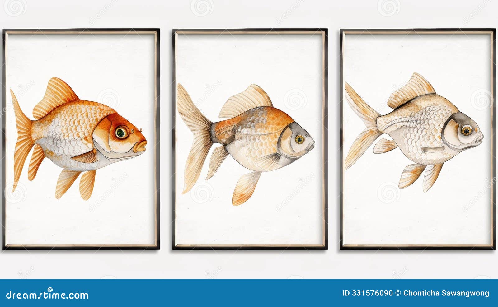 Artistic Fish Illustrations in Frames, Showcasing Three Different Fish ...
