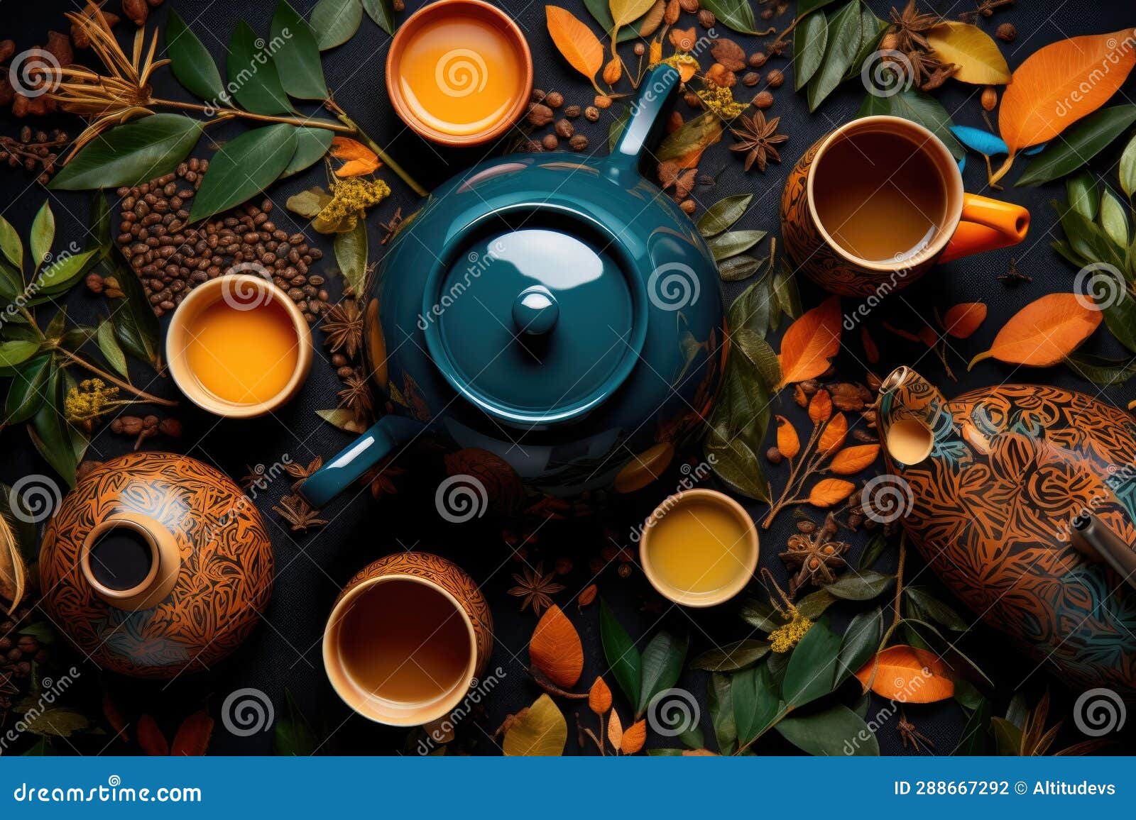Artistic Flat Lay of Tea Set and Colorful Tea Leaves Stock Photo ...